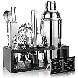 MixMate Stainless Steel Cocktail Shaker Set with Stand - 15-Piece Bartender Kit with Drink Shaker, Bar Spoon, Jigger, Muddler, Strainer, Bottle Opener & Stopper, Pour Spouts, Stirrers, Tongs, Recipes