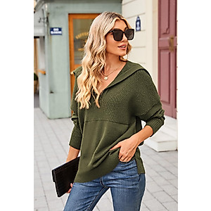 Womens 2024 Fall Lapel Collar Long Sleeve V Neck Ribbed Knit Loose Casual Pullover Sweater Jumper Top Army Green M