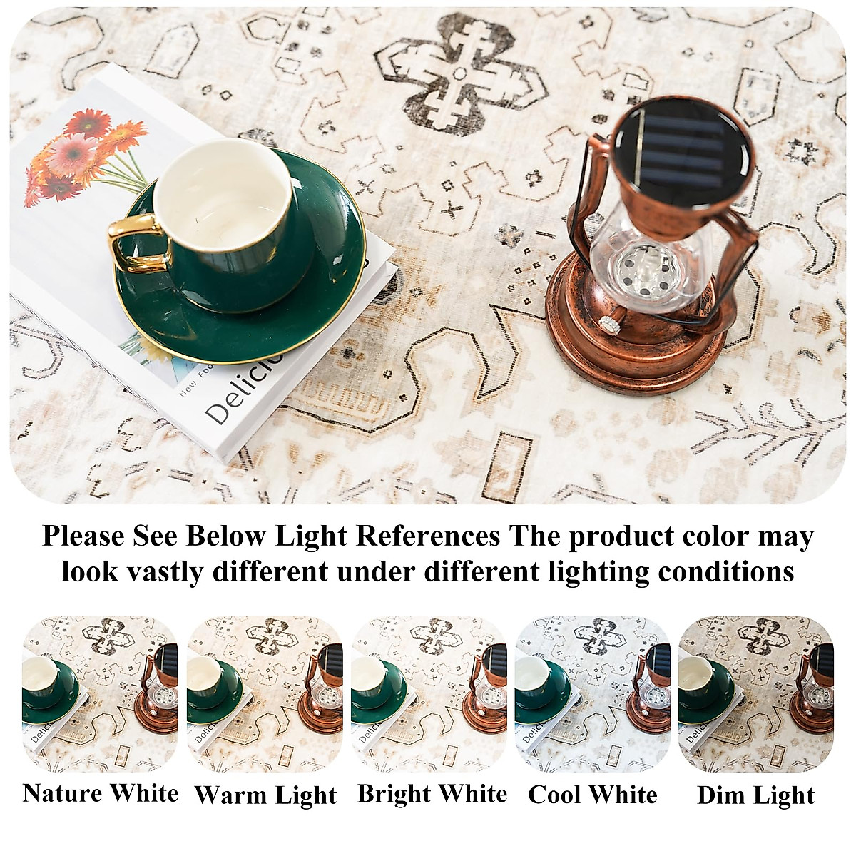 HILORUUG Washable Area Rug 9x12 - Bedroom Living Room Large Indoor Rugs Soft Oriental Vintage Rugs Non-slip Backing Stain Resistant for Farmhouse Kitchen (9x12 Ivory/Multi)