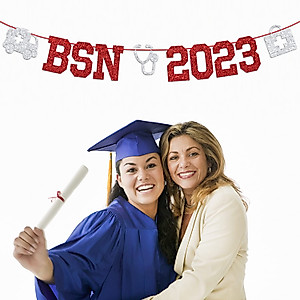 BSN 2023 Banner - Nurse Graduation Bunting Sign, Future Nurse, Medical School Graduation Party Decorations - Red and Silver Glitter