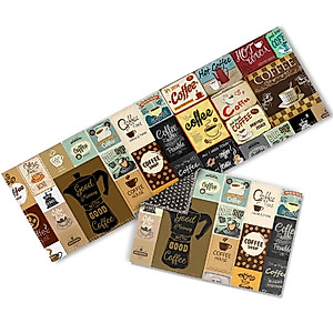 PRUKIVRA Kitchen Rugs and Mats,Non Skid Washable,Coffee Themed,Set of 2,Anti-Fatigue Comfort Standing Mat for Floor, Office, Sink, Laundry(17"x52"+17"x26")