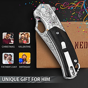 NedFoss Damascus Pocket Knives for Men, Handmade Forged VG10 Damascus Steel Folding Knife with Leather Sheath, Sandalwood Handle, Pocket Clip, Cool Knives Gifts for Men EDC (PTEROSAUR