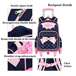 Cute Print Bowknot Trolley Backpack Elementary Middle School Rolling Bag Wheeled BookBag for Kids Girls