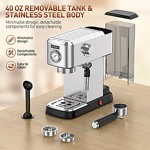 Pokk Espresso Machine, 20 Bar Espresso Maker with Milk Frother Steam Wand for Latte and Cappuccino, Compact Stainless Steel Espresso Coffee Machine with 50oz Removable Water Tank for Home