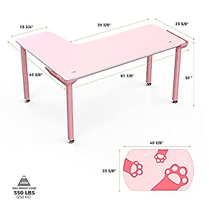 It's_Organized 61 Inch L Shaped Gaming Desk,Space-Saving Corner Desk with Cat Paw Mousepad,Modern PC Computer Study Writing Table for Girl,Easy to Assemble,Pink