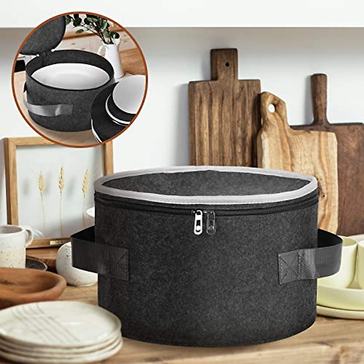 Pehciroe Plate Storage Case with Lid, 12" Felt China Storage Containers Dinnerware Storage Box with 2 Handles & 12 Felt Dividers for Storing and Organizing Dinnerware Dishes, Dark Gray