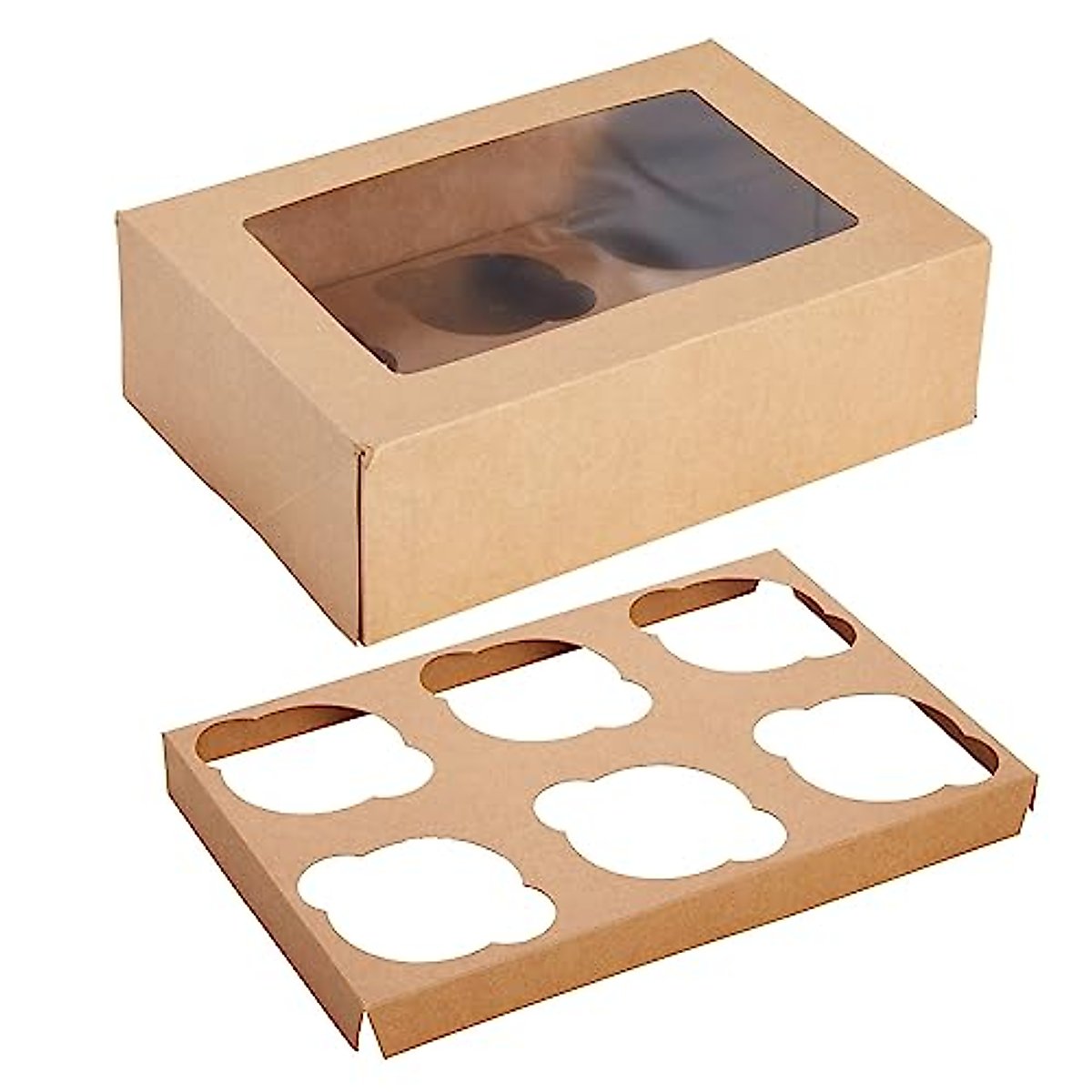 Juvale 24 Pack Cupcake Containers with Windows, 6 x 6 Boxes with 4 Count Inserts for Muffins (Kraft Paper)