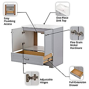 Spring Mill Cabinets Emlyn 30 Inch Bathroom Vanity with White Single Sink Top, 2-Door Cabinet, 1 Drawer, 30.5" W x 18.75" D x 32.89" H, Pearl Gray