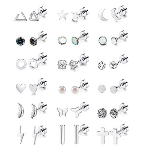 18 Pairs Cartilage Stud Earrings Set for Women Men Star Triangle Moon Heart Disc Ball CZ Small Stainless Steel Geometric Barbell Flatback Piercing (Silver)