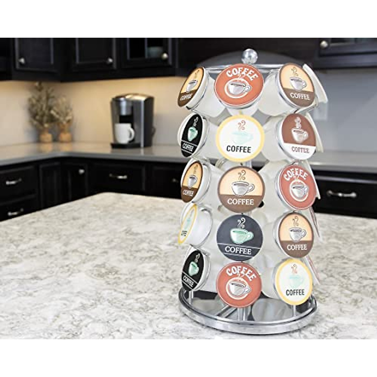 Nifty K Cup Holder – Compatible with K-Cups, Coffee Pod Carousel | 35 K Cup Holder, Spins 360-Degrees, Lazy Susan Platform, Modern Chrome Design, Home or Office Kitchen Counter Organizer