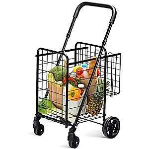 Shopping Cart with Dual Swivel Wheels for Groceries - Compact Folding Portable Cart Saves Space - with Adjustable Handle Height (Black)