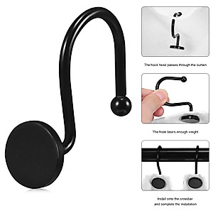 KALLORY 12pcs Shower Curtain Hooks, Metal Shower Hooks Black Hanging Hooks Glide Shower Hooks Ring for Bathroom