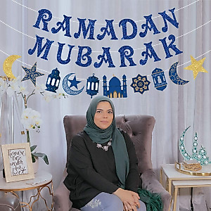 Blue Glitter Ramadan Mubarak Banner Eid Mubarak Decoration, Muslim Islamic Party Decoration, Ramadan Decorations for Home Ramadan Kareem Party Supplies Star and Moon Garland Product Name
