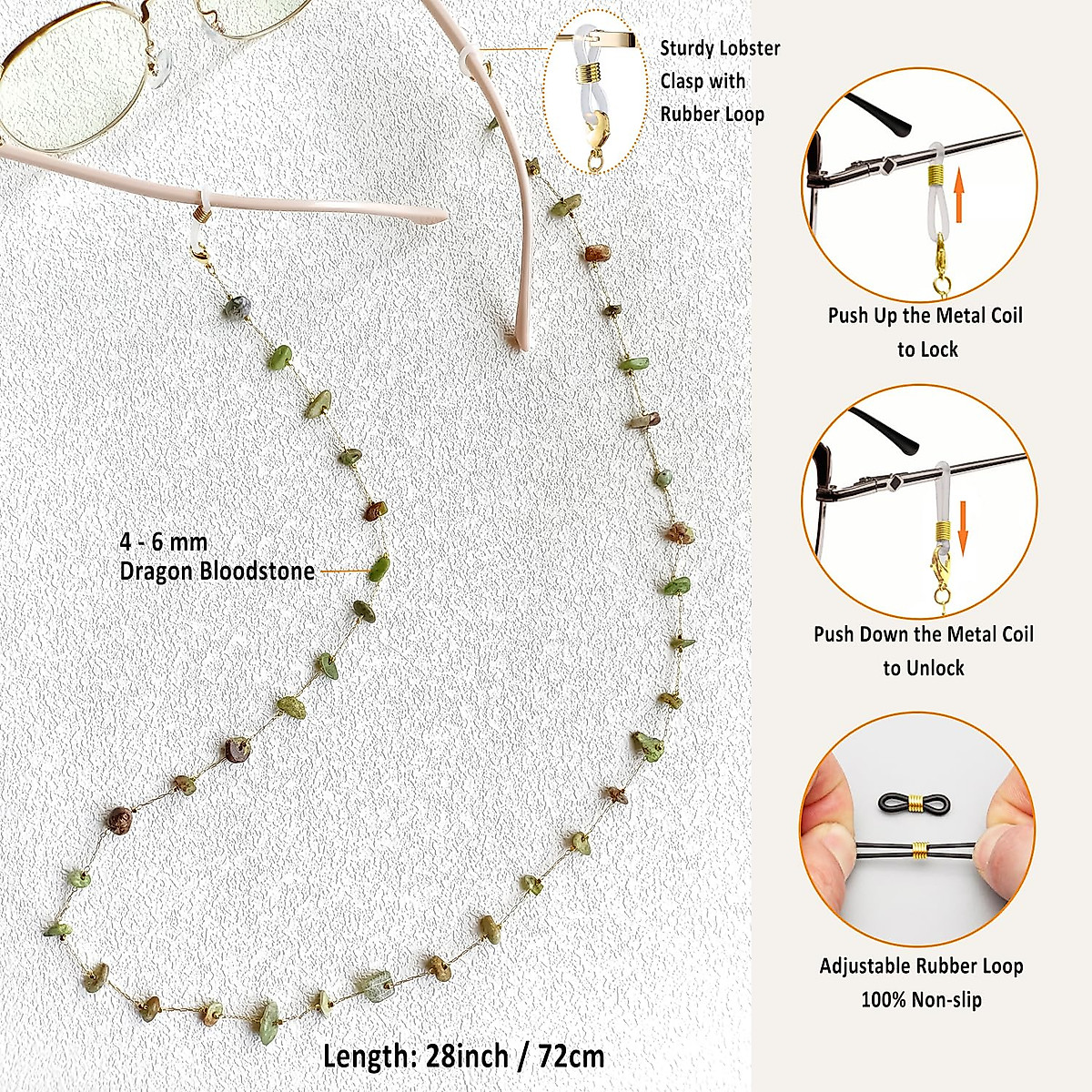 ERNAULO Glasses Chain for Women Eye Glasses Holders Around Neck Natural Crystal Eyeglasses Strap Sunglass Chains for Women EC-Natural Stone