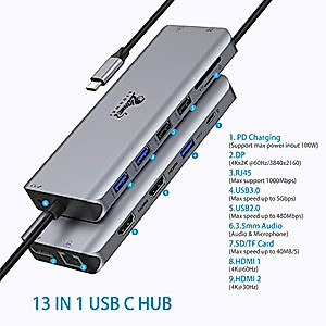 USB C Docking Station Dual Monitor, 13 in 1 Triple Display Laptop Multiport Adapter Hub with 2 HDMI+DP+Ethernet+5USB+SD/TF+USB C PD+Audio for MacBook Pro/Air/Dell/HP/Lenovo/Thinkpad More Type-C Laptop