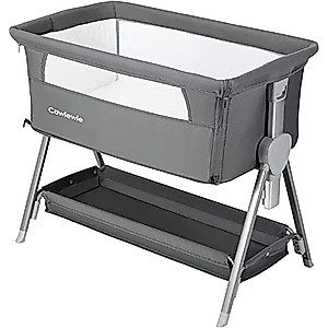 Cowiewie Baby Bassinet with Bed Mattress and Storage | 7-Levels Height Adjustable | Basket Beside Bassinet Sleeper Impact Cotton Protects Baby's Head and Feet