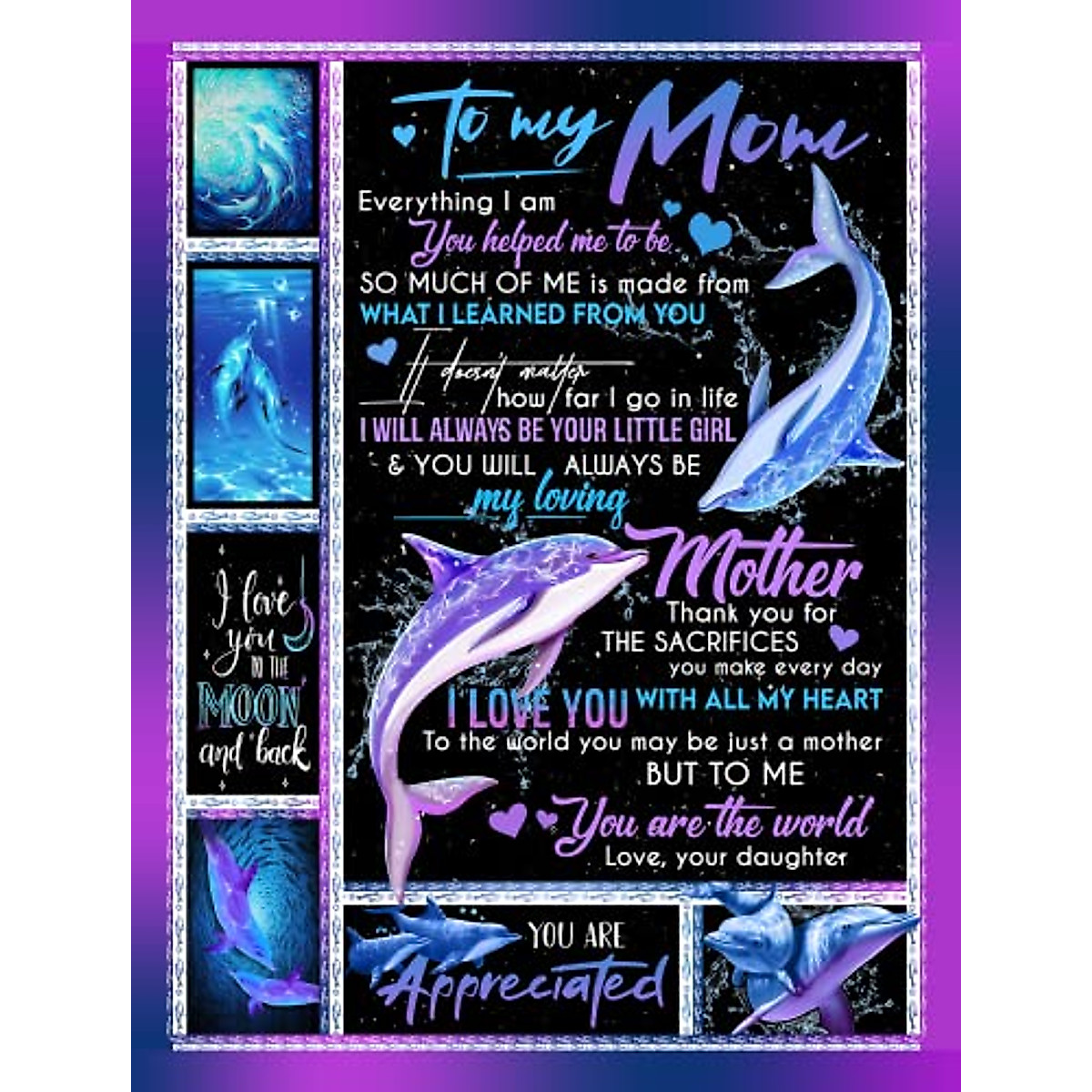 Personalized to My Mom Fleece Blanket from Daughter Art Print Dolphin Ideas for Mother Customized Blanket Soft Warm Lightweight for Sofa Bedroom Gifts Birthday Thanksgiving Mothers Day, Full