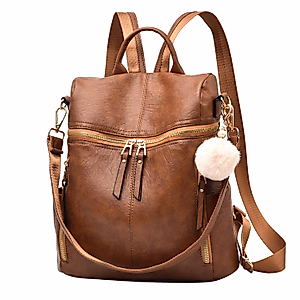 BAG WIZARD Designer Leather Backpack Purse Multifunctional Ladies Backpacks Solid Shoulder Headphone Plug Bags for Womens Book Bags (Retro-Brown)
