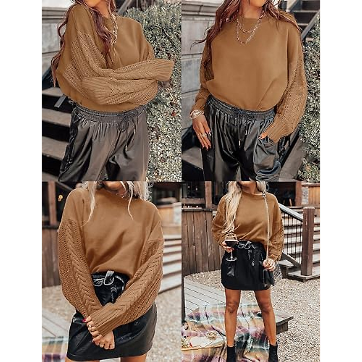ZESICA Women's 2023 Fall Long Sleeve Crew Neck Solid Color Cable Knit Chunky Casual Oversized Pullover Sweater Tops,Camel,Large