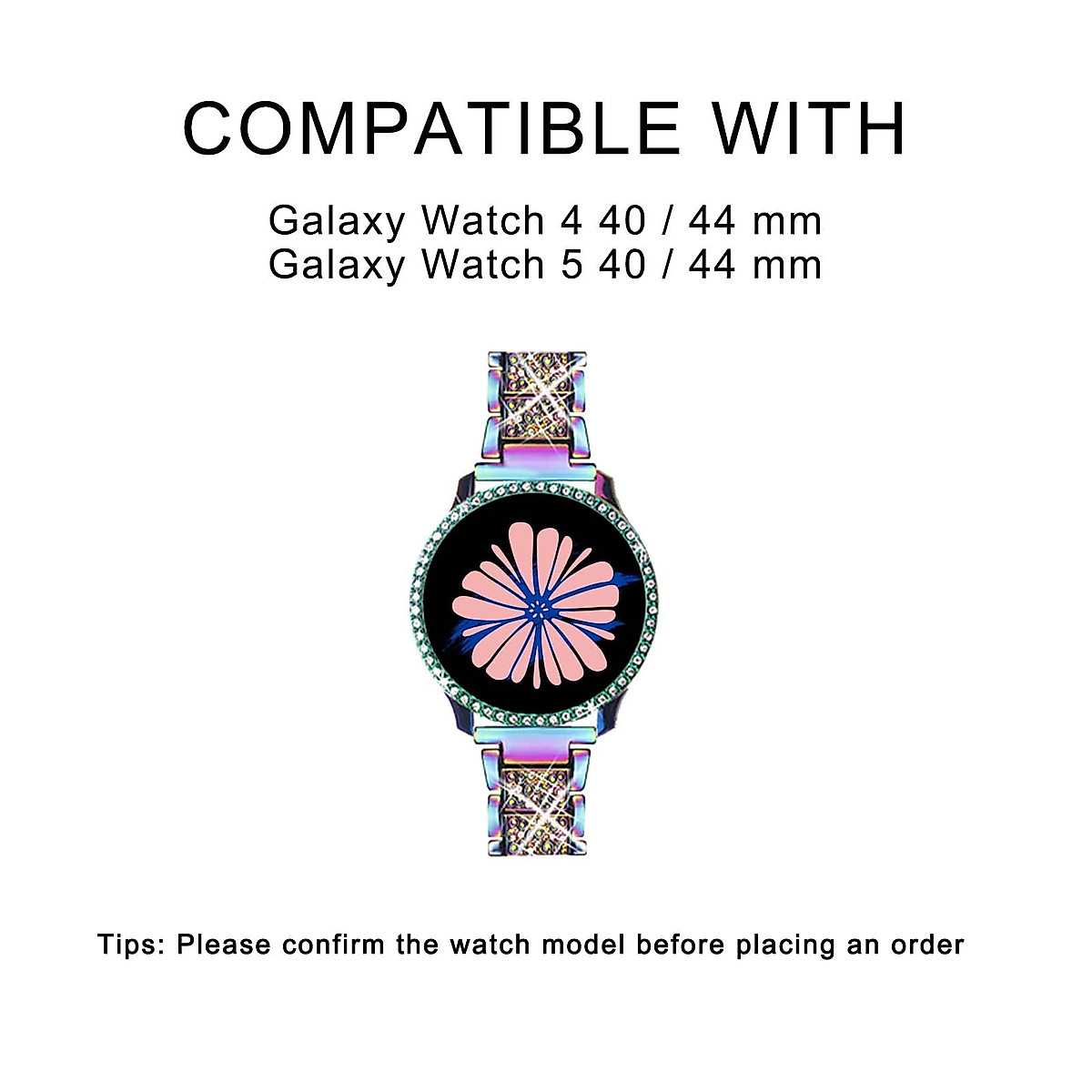Mosonio Compatible with Samsung Galaxy Watch FE 2024 40mm/ Galaxy Watch 5 Band / Samsung Galaxy Watch 4 Band , 20 mm Black Bling Galaxy Watch Band with 40 mm Cover Case, Jewelry Metal Wristband for Women（Colorful,40 mm）