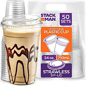 24 oz Clear Plastic Cups with Strawless Sip-Lids [50 Sets] PET Crystal Clear Disposable 16oz Plastic Cups with Lids - Crystal Clear, Durable Cup - BPA Free + Crack Resistant, for Coffee, Juice, Shakes