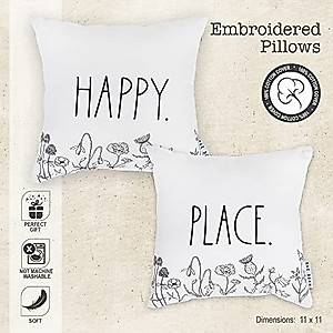Rae Dunn Decorative Throw Pillows, Decor for Living Room and Bedroom, 2 Pack of 12x12 inch Pillows, Soft, Throw Pillows for Couch, Bed, Chair, Labelled Happy, Place in Signature Font