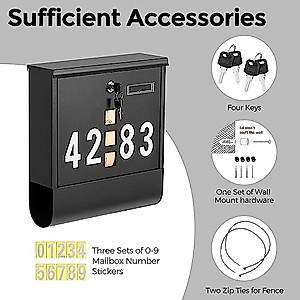 LAND·VOI Locking Mailbox with 4 Keys, Wall Mounted Metal Postbox，Nameplate, Newspaper Holder, Easy to Install, 3.4 x 11.8 x 13.3 Inches, Includes Vinyl Mailbox Numbers, Matt Black