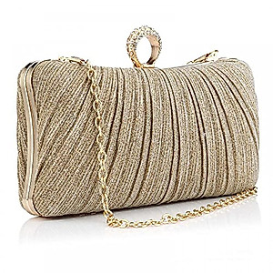 Clutch Purse for Women Pleated Glitter Evening Clutch Purses with Rhinestone Evening Bag for Bridal Wedding Party (Gold)