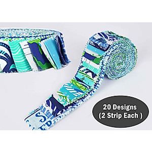 Soimoi 40Pcs Ocean Print Precut Fabrics Strips Roll Up 1.5x42 inches Cotton Jelly Rolls for Quilting - Medium Blue
