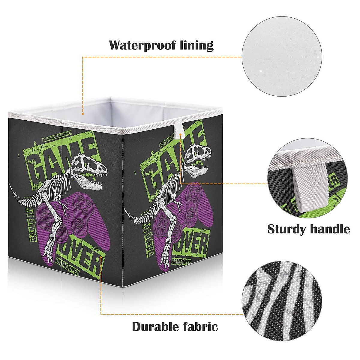 QUGRL Dinosaur Skeleton Video Game Storage Bins Organizer Joysticks Gamepad Slogan Foldable Clothes Storage Basket Box for Shelves Closet Cabinet Office Dorm Bedroom 15.75 x 10.63 x 6.96 in