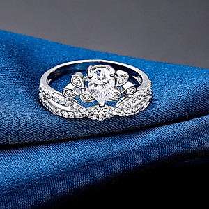 MDFUN S925 Sterling Silver Princess Crown Wedding Band Engagement Ring Crown Promise Eternity Ring for Women Size 5