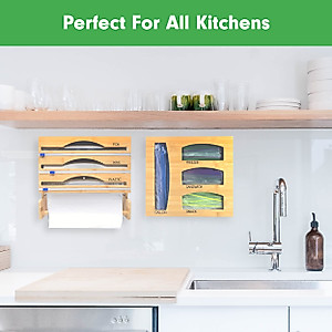 Foil and Plastic Wrap Organizer - Zip Lock Bag Organizer Plastic Wrap Dispenser with Cutter – Premium Bamboo Plastic Bag Organizer with Paper Towel Holder – Easy Installation
