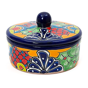 Enchanted Talavera Traditional Authentic Mexican Hand Painted Talavera Ceramic Tortilla Warmer Bowl With Lid Colorful Spanish Mexican Serveware Roti Pancakes Party Serving, Turquoise