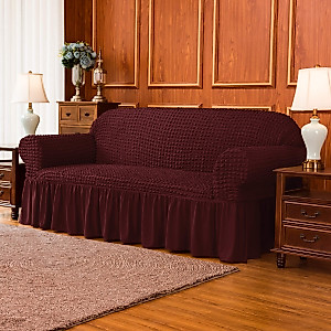 subrtex 1 Piece Seersucker Sofa Slipcover with Skirt Universal Stretch Sofa Couch Slipcover Easy Fitted Chair Furniture Protector(3 Seater,Wine), Large