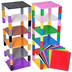 Strictly Briks Stackable Base Plates Lego Compatible - Stackable Rainbow Building Bricks for Towers, Shelves & More - 12 Base Plates & 80 Stackers - 6x6 Inches