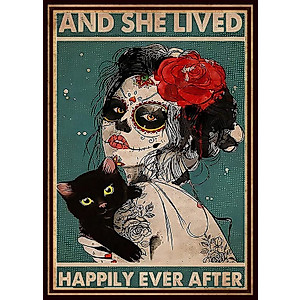 EYSL and She Lived Happily Ever After Metal Tin Sign Cat Print Wicked Witch Halloween Witch Metal Tin Sign Sugar Skull Canvas Print Framed Metal Tin Sign Art Metal Tin Sign 8x12 Inch