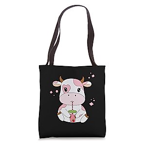 Strawberry Milk Cute Kawaii Aesthetic Pink Cow Print Tote Bag