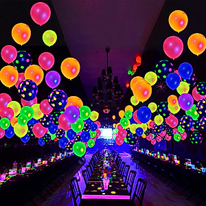 90 Pieces Neon Balloons, 12” UV Polka Dot Blacklight Balloons Glow in the Dark Luminous Helium Latex Balloon for Birthday, Wedding, Neon Party, Glow Party Decorations Supplies