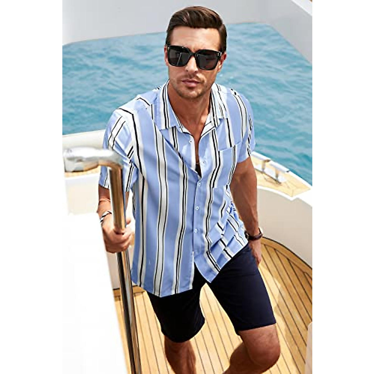 JMIERR Men's Hawaiian Striped Shirts Summer Casual Short Sleeve Button Down Beach Shirt with Pocket for Men, US 43(L), A2 Blue