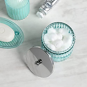 KMwares 2-Pack Glass Qtip Holder Dispenser Set for Cotton Ball, Swab, Round Pads, Floss Picks - Bathroom Canister Storage Organization and Vanity Makeup Organizer (Blue)