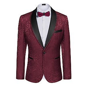 COOFANDY Men's Floral Tuxedo Suit Jacket Dinner Jacket Party Prom Wedding Blazer Jackets, Wine Red, XX-Large