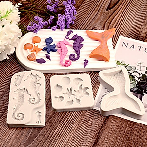 SAKOLLA Mermaid Theme Cake Fondant Mold - Seahorse Seashell Starfish Mermaid Tail Silicone Mold for Cake Decoration, Chocolate, Candy, Polymer Clay, Cupcake Decor, Sugar Craft