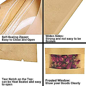 Muka 100 PCS Kraft Heat Sealable Stand Up Pouch Bags w/Handle Reusable Food Pouches Bags, 9.3"W x 13.8"H x 4"D, 7 mil