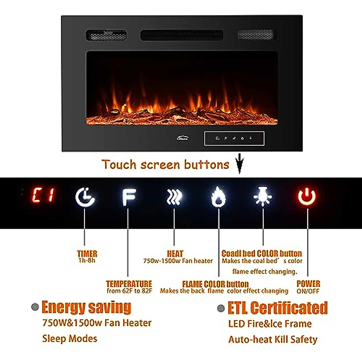 Clihome 60in Electric Fireplace Fire Places Electric Fireplace Inserts Electric Fireplace Heater Fireplace Decor Fireplace Heater with Timer, Remote Control, Adjustable Flame Color 750/1500W
