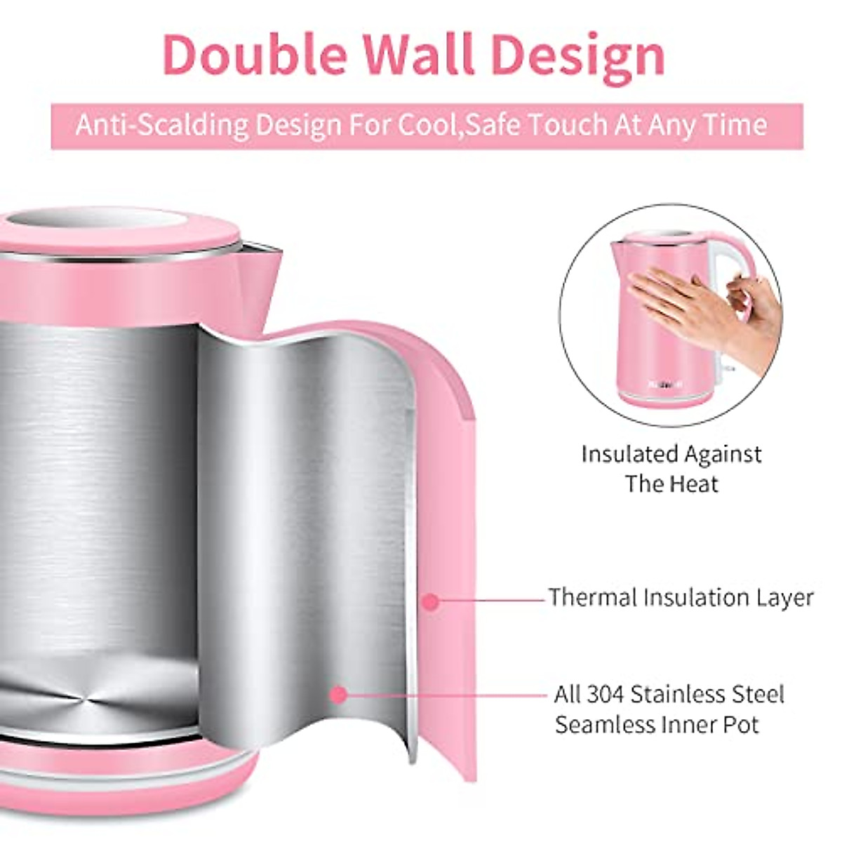 Electric Kettles Stainless Steel for Boiling Water, Double Wall Hot Water Boiler Heater, Cool Touch Electric Teapot, Auto Shut-Off & Boil-Dry Protection, 120V/1200W, 1.8Liter, 2 Year Warranty(Pink)