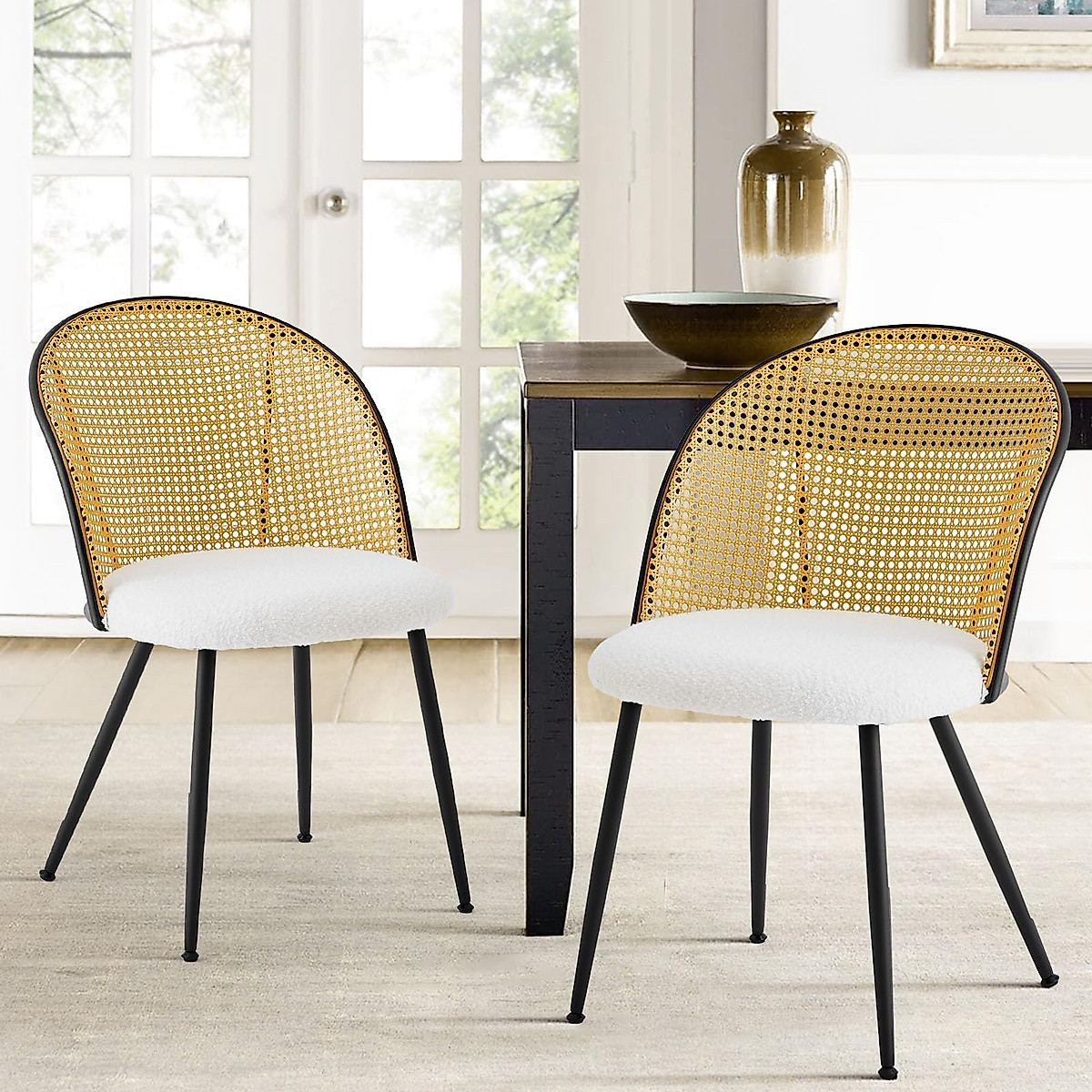 Bekrvio Rattan Dining Chairs Set of 2, Mid-Century Modern Kitchen Dining Room Chairs with Full Cane Backrest Armless Upholstered Farmhouse Boucle Dining Chairs with Metal Leqs for Dining Room, White