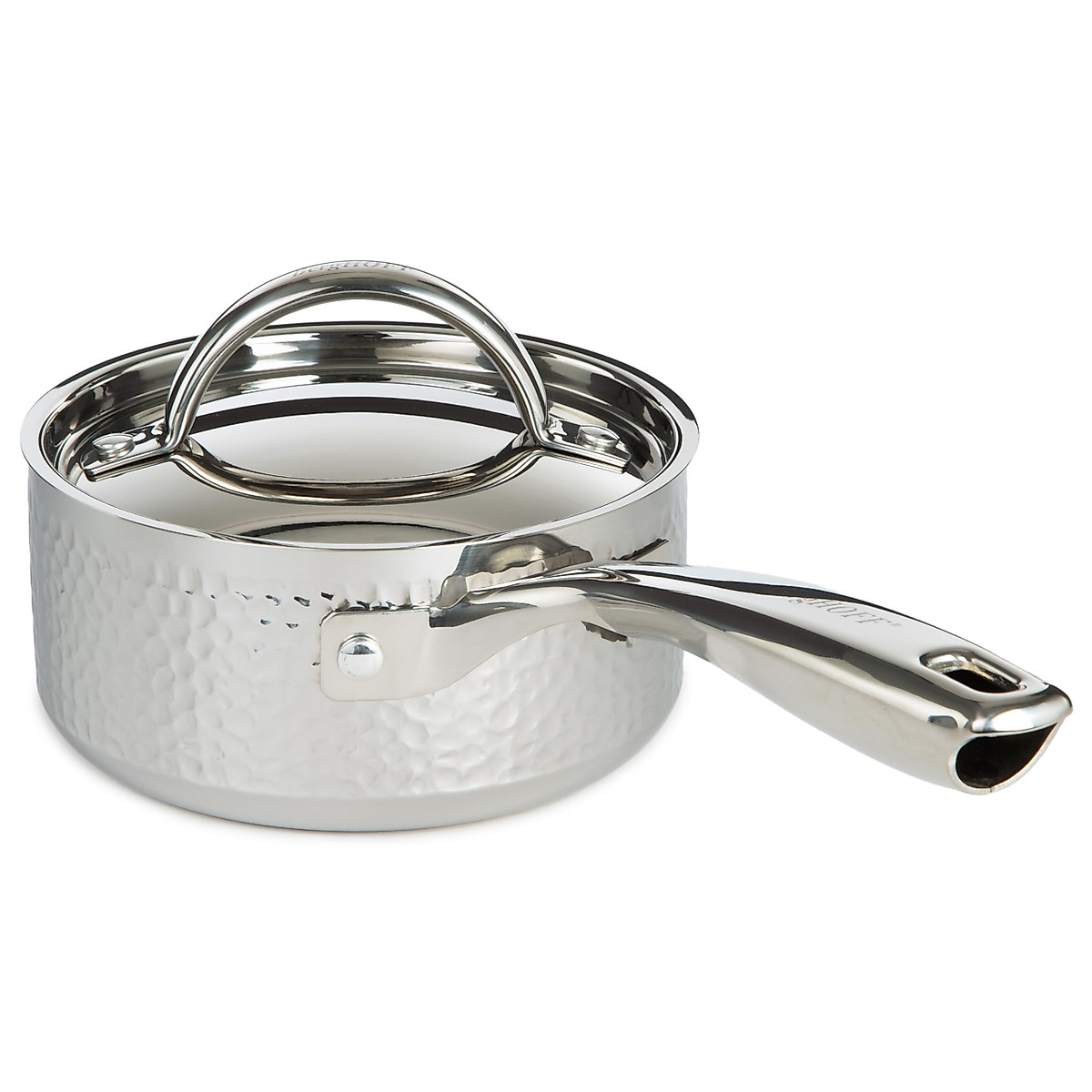 BergHOFF Vintage Tri-Ply 18/10 Stainless Steel Saucepan 5.5in 1qt. With Matching Lid, Hammered, Long and Ergonomic Shaped Handle, Induction Cooktop, Silver
