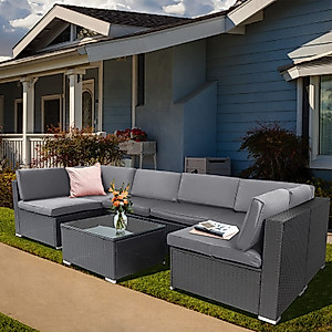 Betterland 7 Piece Outdoor Sectional Sofa Patio Furniture Set, All-Weather PE Rattan Wicker Patio Conversation Set with Washable Cushion and Glass Table(Grey)