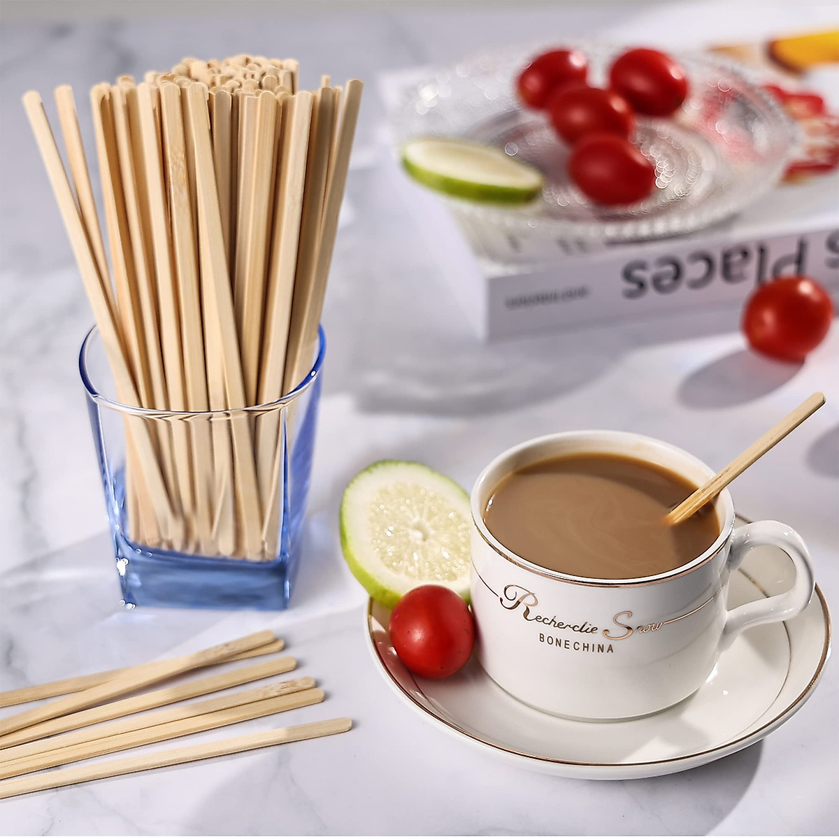 100pcs Bamboo Coffee Stirrers Individually Wrapped, 5.5 Inch Disposable Wood Swizzle Stick Beverage Mixer, Eco Friendly Long Wood Stir Sticks for Mixing Cocktail Hot Chocolate Drinking Tea