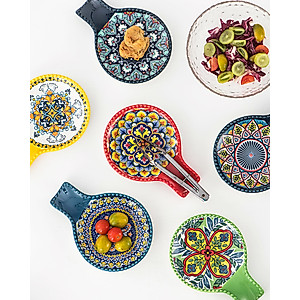 Ceramic Spoon Rest for Stove Top, Large Spoon Holder for Kitchen Counter, Cooking Utensil Rest for Ladle, Spatula, Tongs, Housewarming Gifts Set of 6 - Bohemian Style